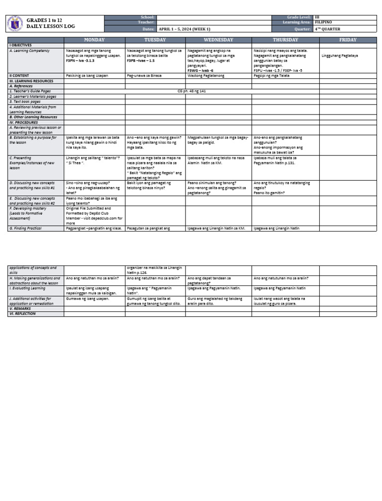 DLL - Filipino 3 - Q4 - W1 | PDF