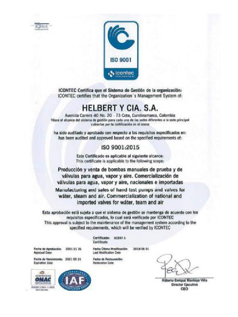 Certificado Valvulas y Cheques | PDF