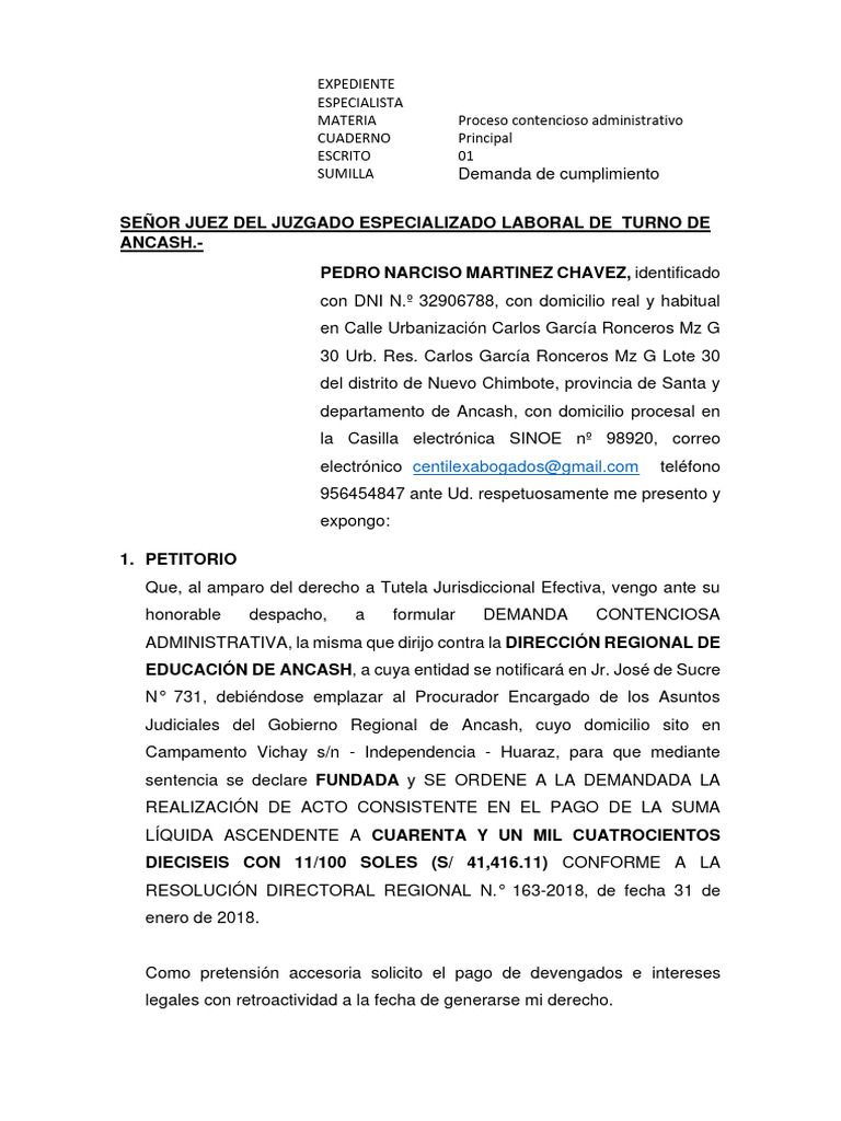Escrito 01 Demanda | Descargar gratis PDF | Demanda judicial | Justicia
