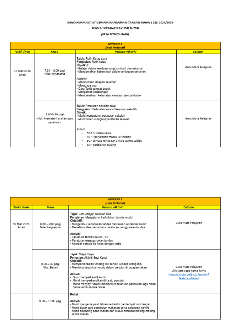 Jadual Transisi Tahun 1 Minggu 1 2024 | PDF