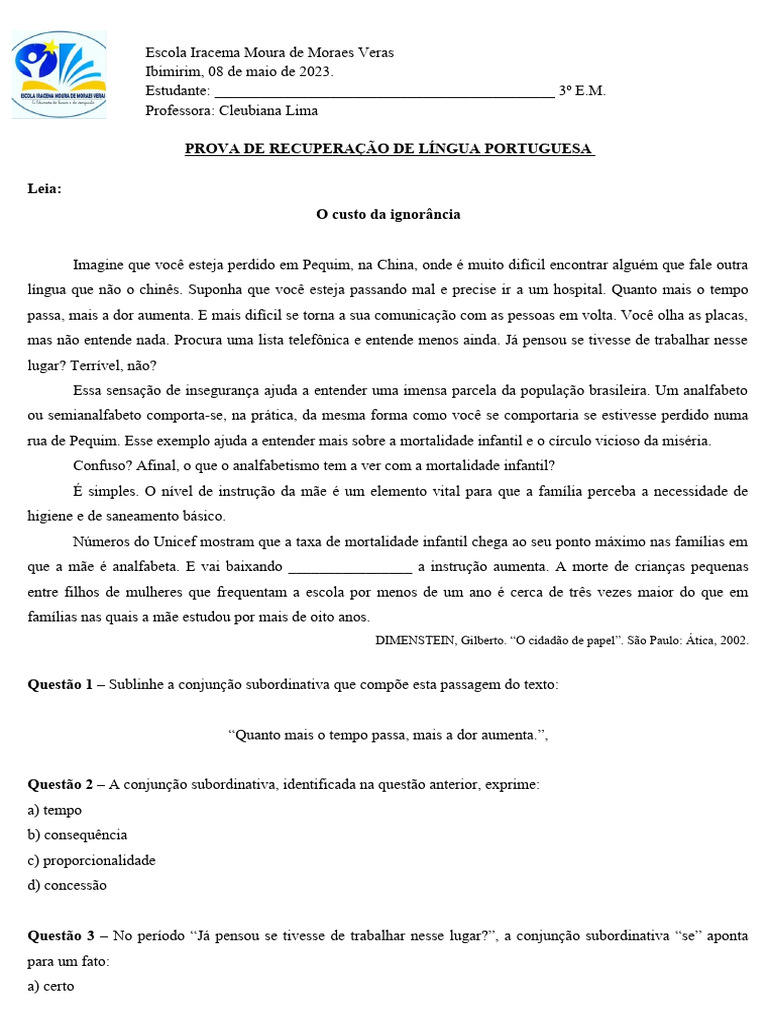 Avaliação de Portugues 3 Ano | PDF | Alfabetização