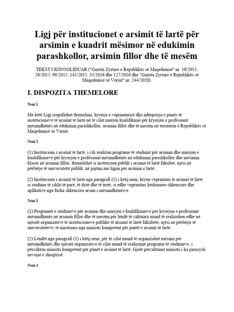 Ligj Per Institucionet e Arsimit Te Larte Per Arsimin e Kuadrit Mesimor ...