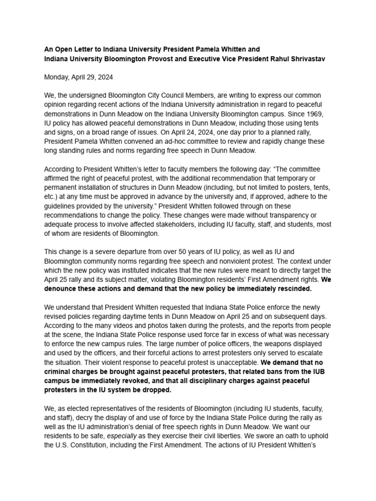 City Council Letter To Whitten | PDF | Indiana University Bloomington | First Amendment To The ...