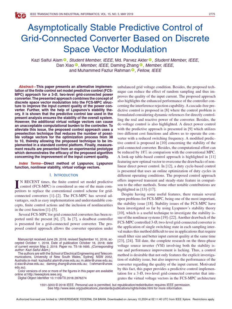 Asymptotically Stable Predictive Control of Grid-Connected Converter Based On Discrete Space ...