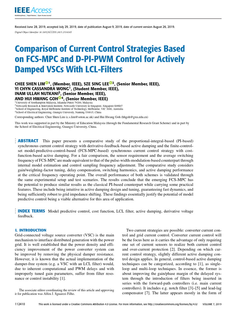 Comparison of Current Control Strategies Based On FCS-MPC and D-PI-PWM Control For Actively ...