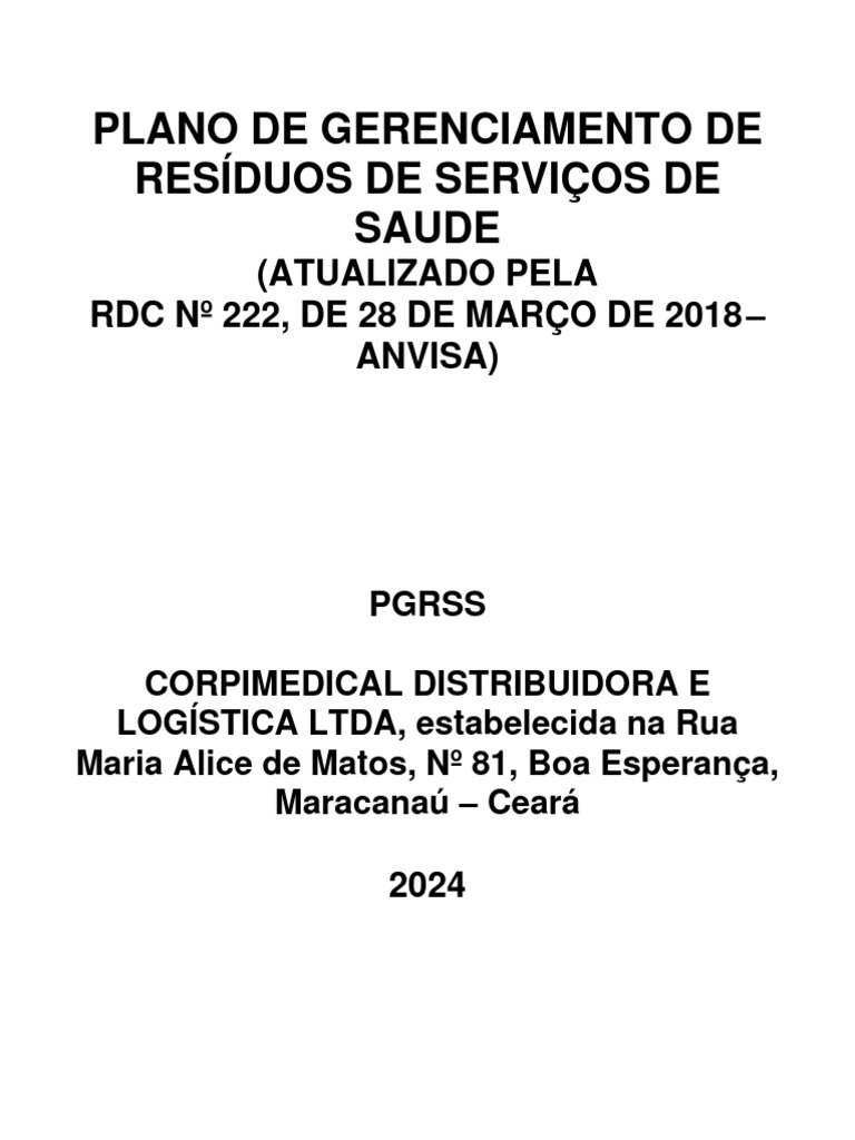 Plano de Gerenciamento Do Resíduos Dos Serviços de Saúde - Pgrss | PDF ...