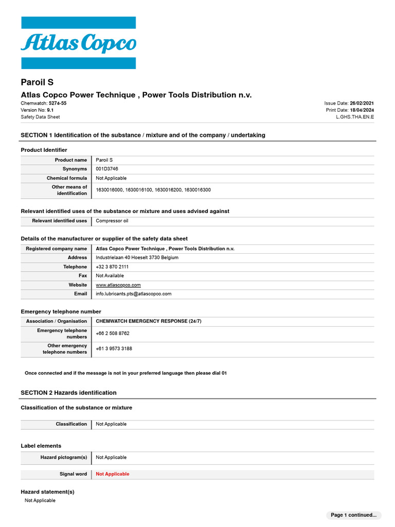 SDS Paroil S | PDF | Toxicity | First Aid