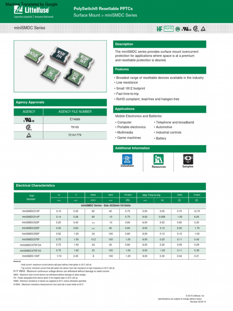 Littelfuse PTC miniSMDC Datasheet | PDF | Electrical Resistance And ...
