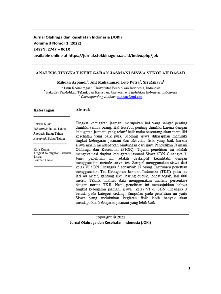 Mihdan Arpandi - Analisis Tingkat Kebugaran Jasmani Siswa Sekolah Dasar ...
