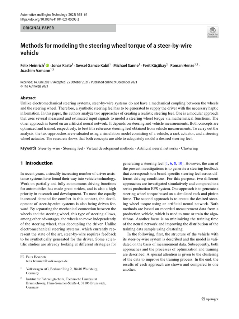 Methods For Modeling The Steering Wheel Torque of A Steer by Wire Vehicle | Download Free PDF ...