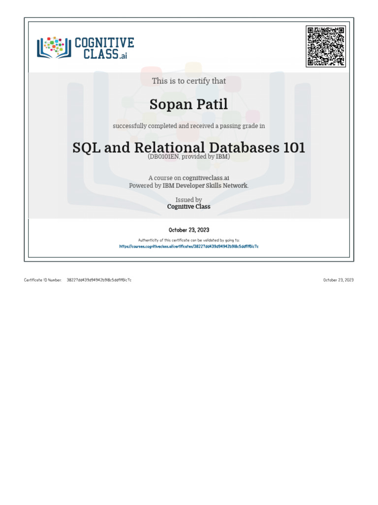 IBM DB0101EN Certificate - Cognitive Class | PDF IBM DB0101EN Certificate - Cognitive Class | PDF