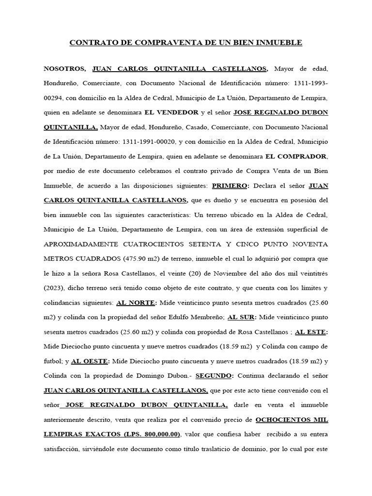 CONTRATO DE COMPRAVENTA DE UN BIEN INMUEBLE - Juan Carlos Quintanilla A Favor de REGINALDO | PDF