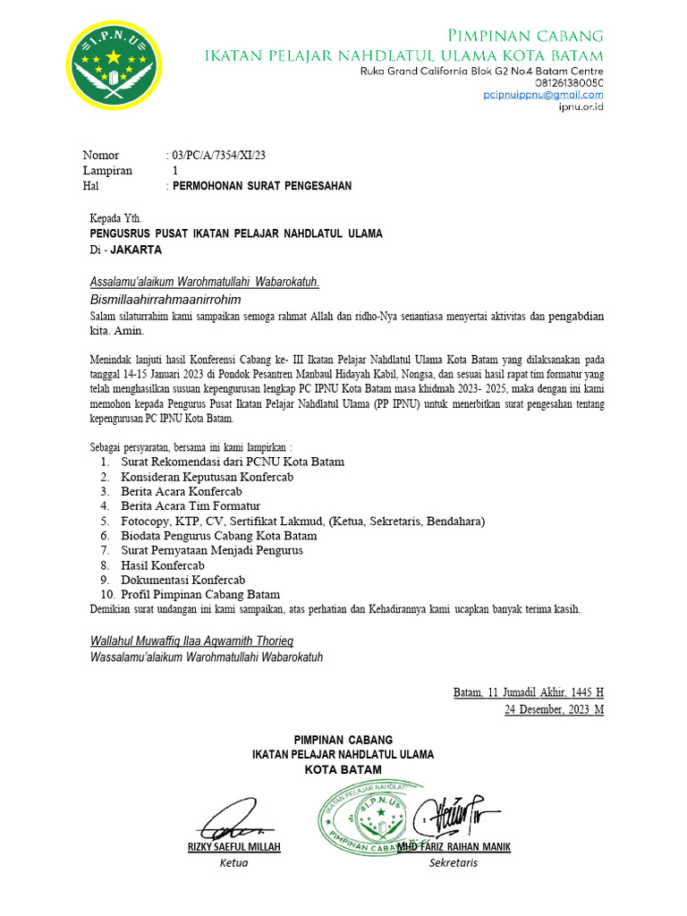 Pengajuan SP IPNU Batam | PDF