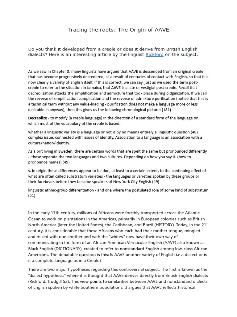 Tracing The Roots: The Origins of AAVE | PDF | English Language | Dialect