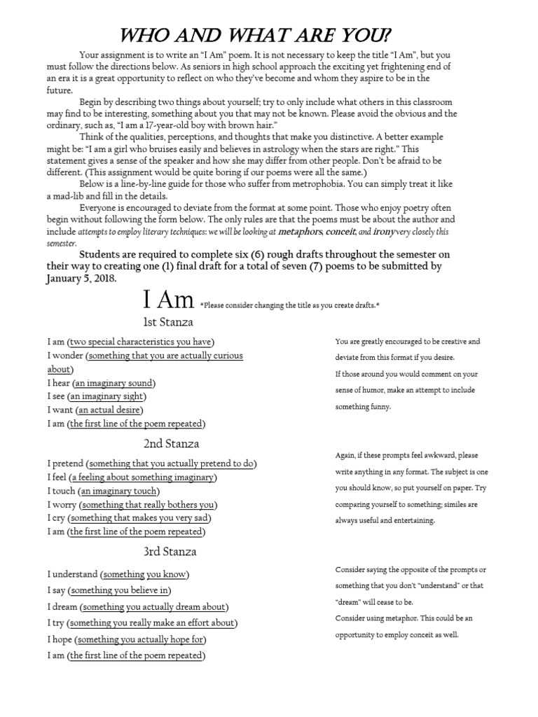 Writing An I Am Poem - Honors AP | PDF | Poetry
