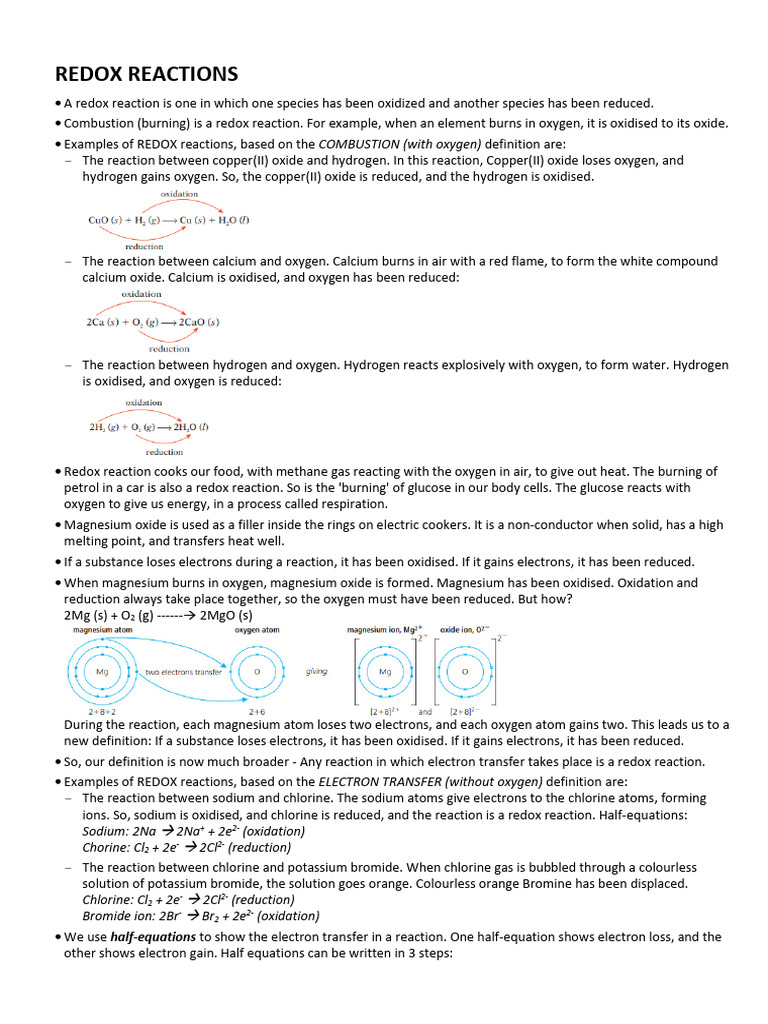 CHAPTER NOTES - 10 - Redox Reactions | PDF | Redox | Chlorine