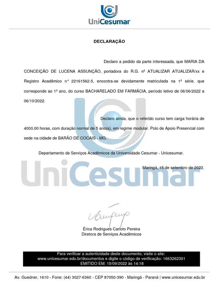 Declaracao Unicesumar | PDF