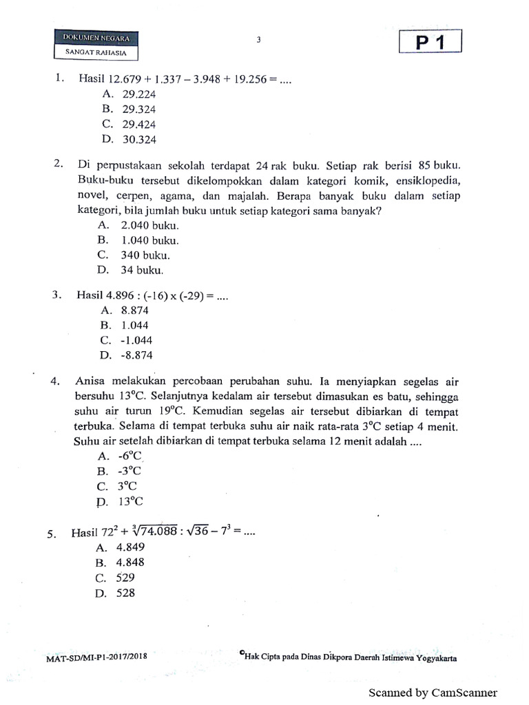 Soal Ujian SD Matematika 2018 | PDF