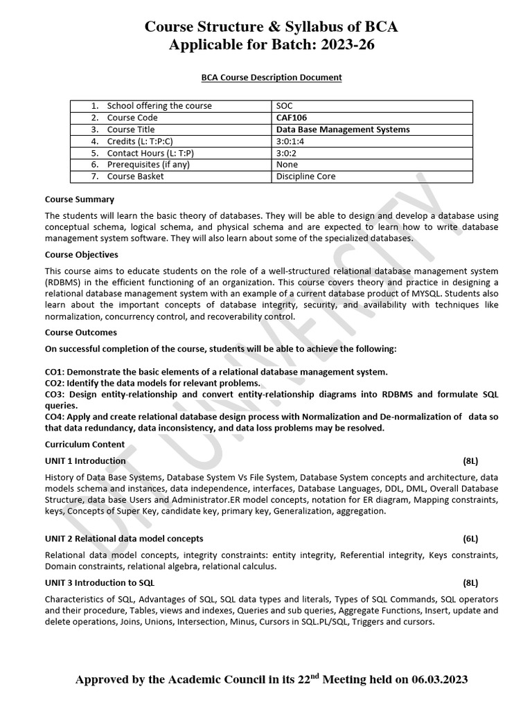 Syllabus CAF106 (DBMS) | PDF | Databases | Relational Database