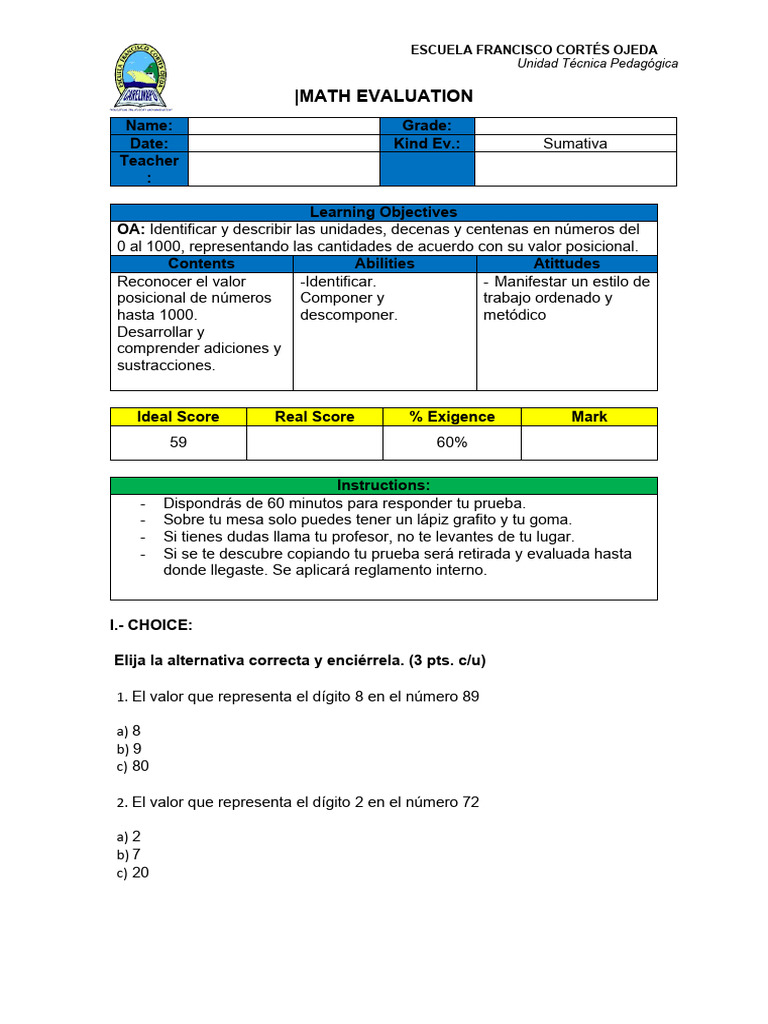 Prueba 3° Mate Def. | PDF