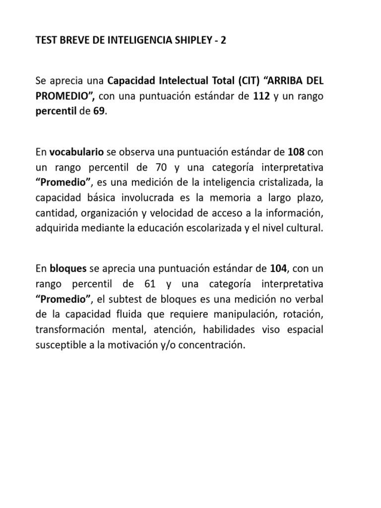 Resultados del Test Shipley de Inteligencia | PDF