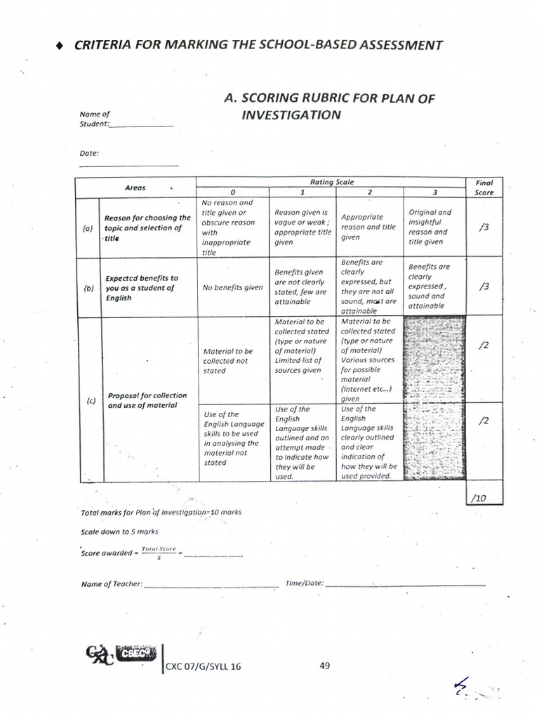 English A SBA Rubric | PDF
