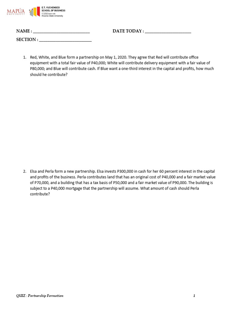 Partnership Formation Quiz Questions | PDF | Partnership | Interest