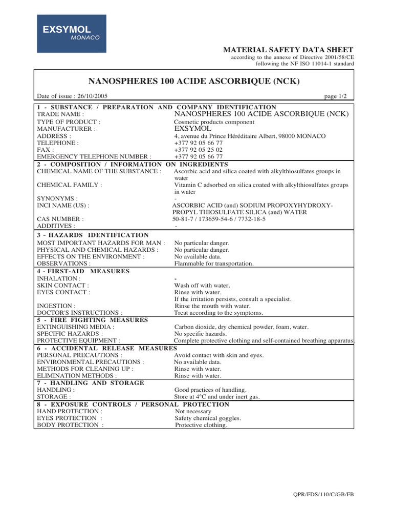 Msds Nanos VitaminaC AcidoAscorbico 10027 | PDF | Water | Silicon Dioxide