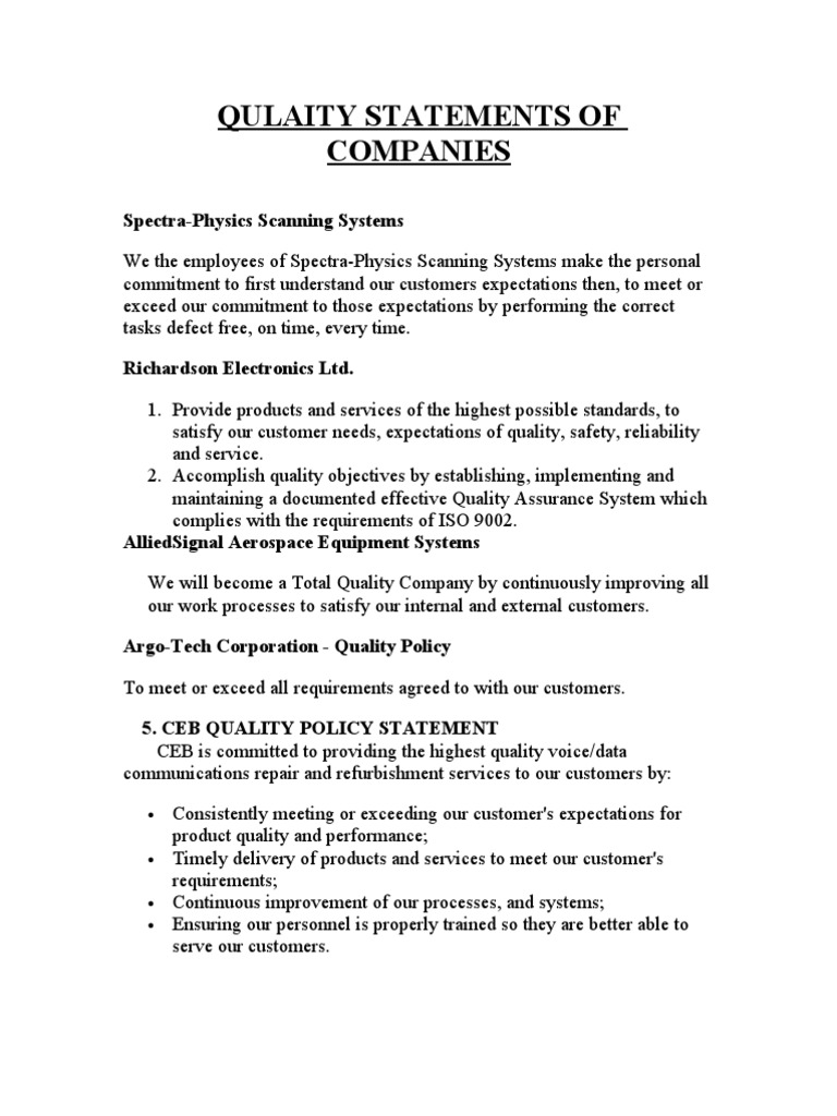 Company Quality Statements Overview | PDF