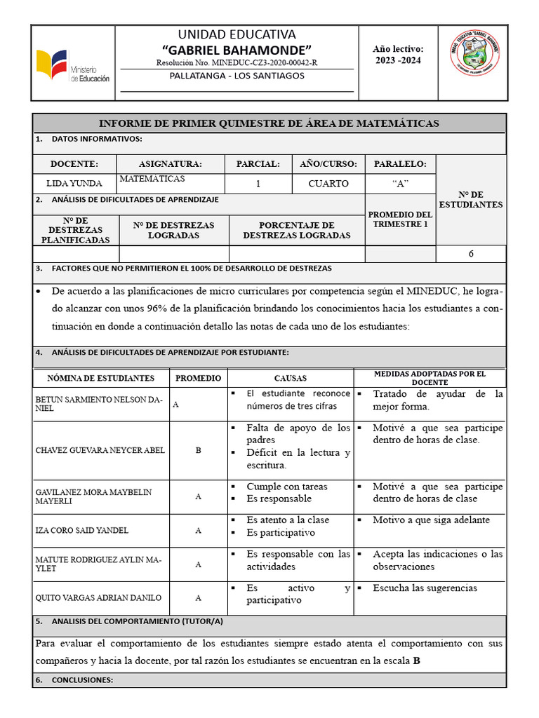 Informes de Aprendizaje 4to | PDF | Aprendizaje