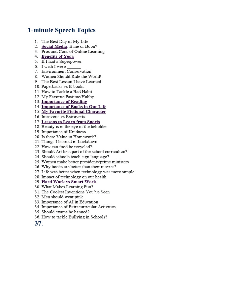 1 - Minute Speech Topics | PDF | Wellness