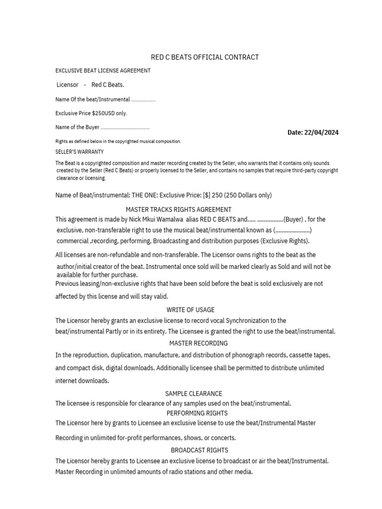 3 Blank Red C Official Instrumental Contract PDF | PDF | License ...