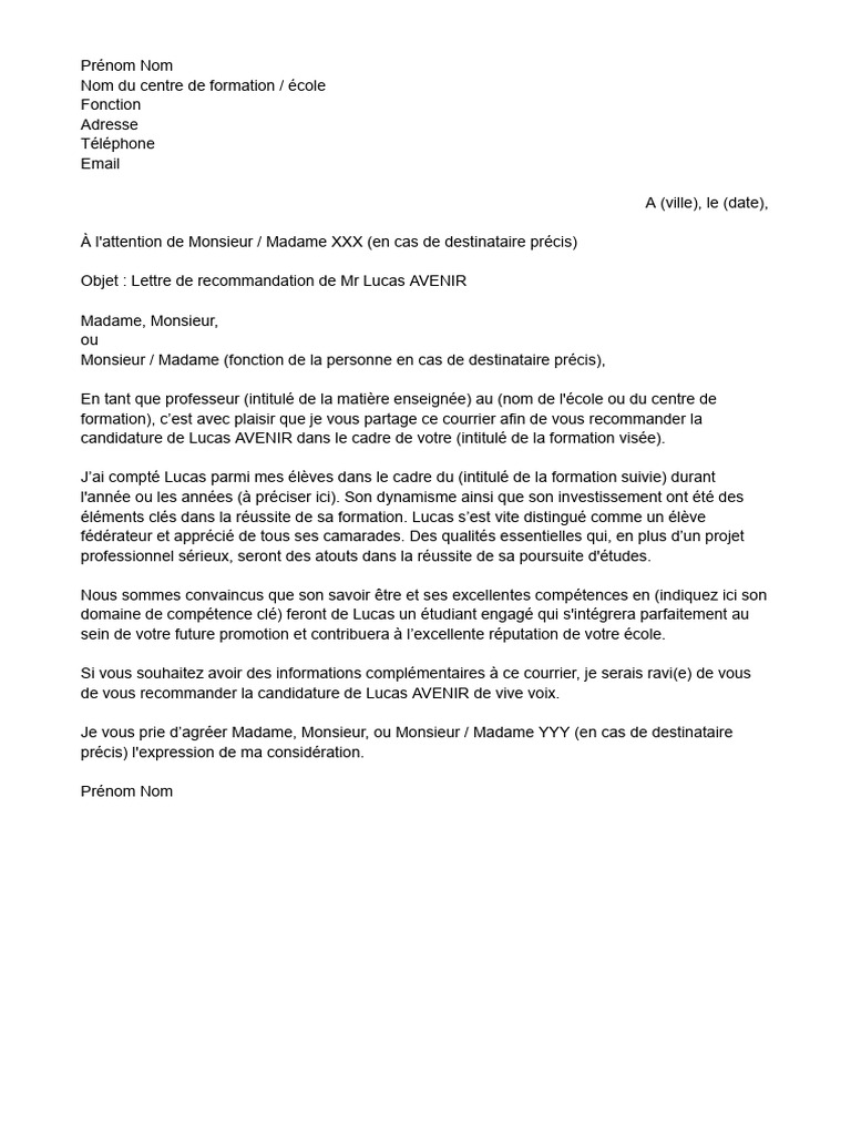 Exemple Lettre de Recommandation 1 | PDF | Arts du langage et discipline