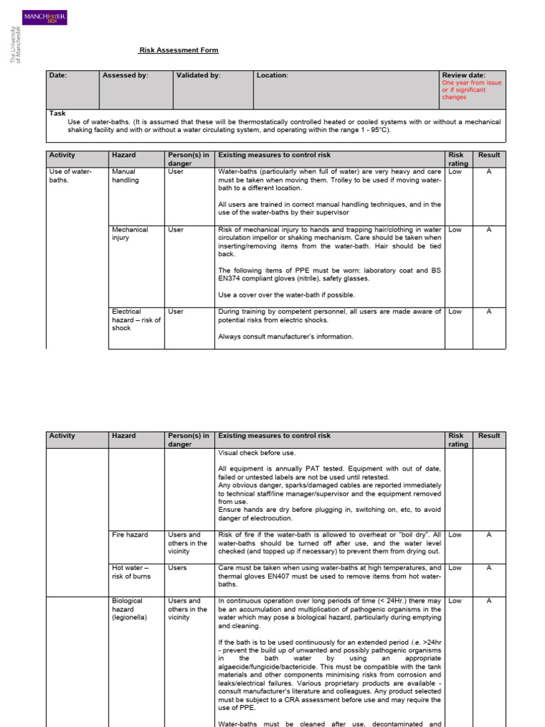 Water-Bath Risk Assessment Form | PDF | Personal Protective Equipment ...