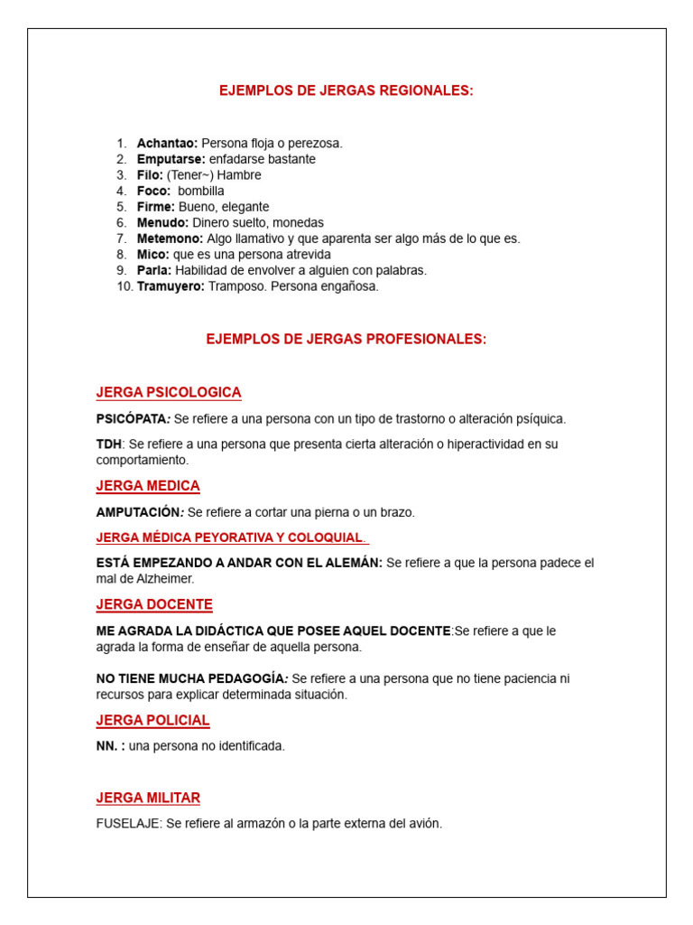 Ejemplos de Jergas Profesionales | PDF