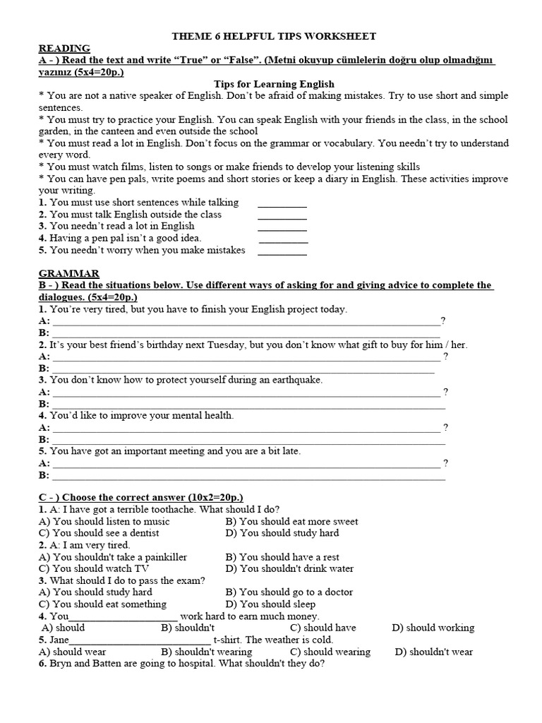 Sinif 6. Unite Calisma Kagidi Helpful Tips Worksheet | PDF | English Language