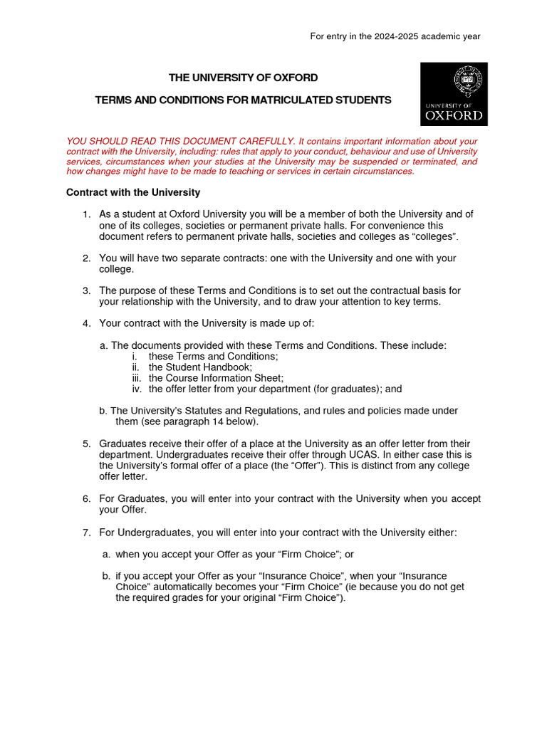 2023 09 20 Final MATRICULATED Student Ts and Cs For 2024-5 Entry | PDF ...