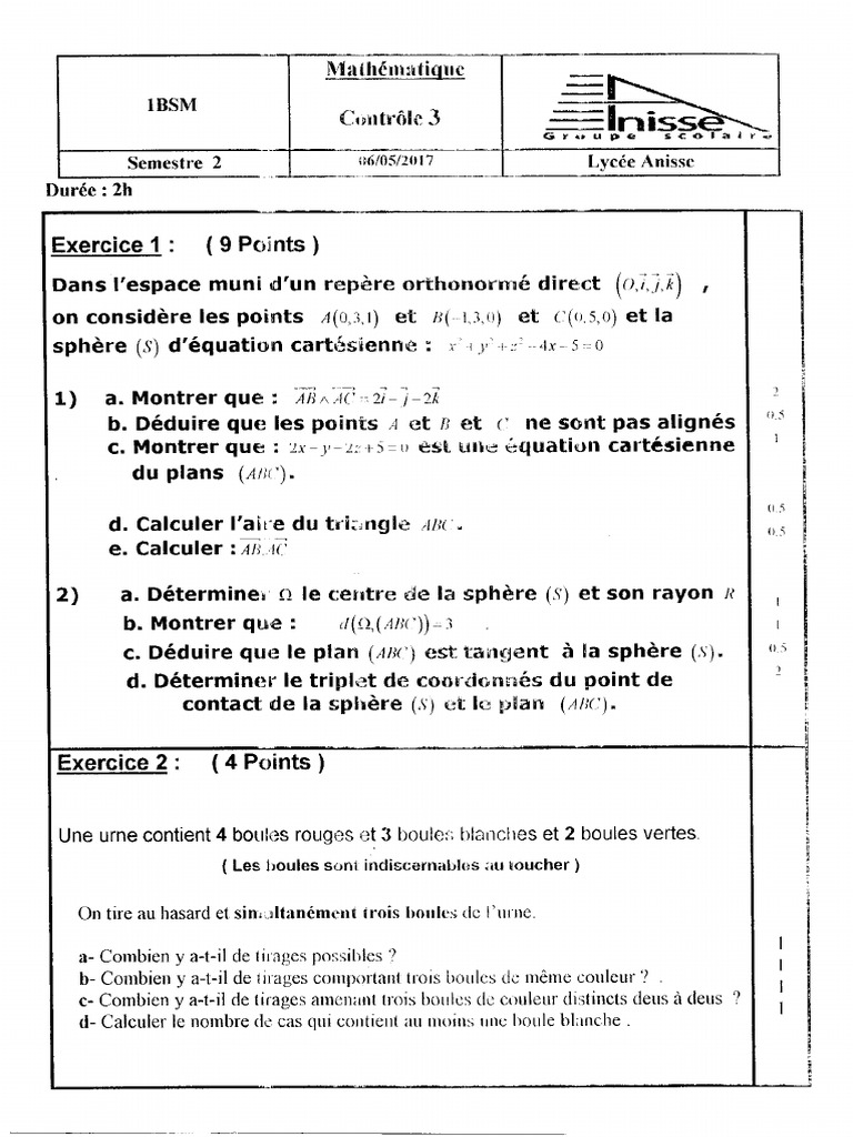 Devoir 3 Modele 1 Mathematiques 1 Bac SM Semestre 2 | PDF