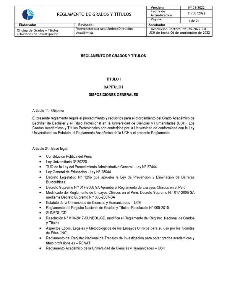 075-2022 Cu Reglamento de Grados y Titulos Final 16-09-2022 | Descargar gratis PDF | Titulo ...
