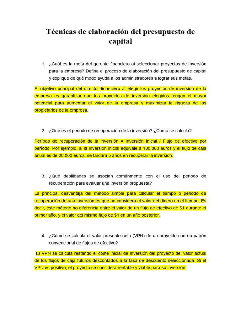 Técnicas de Elaboración Del Presupuesto de Capital-Respuestas Resueltas | PDF | Tasa interna de ...