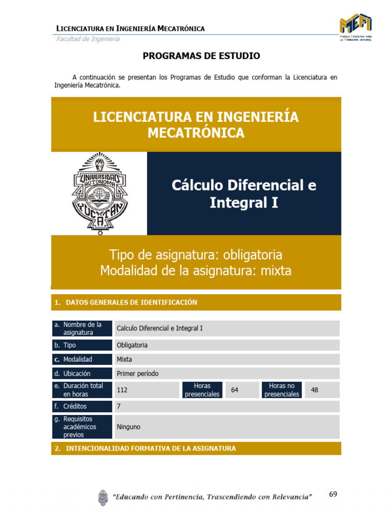 MEFI 2014 Licenciatura Mecatronica Relacion de Asignaturas Obligatorias Programas de Estudio ...