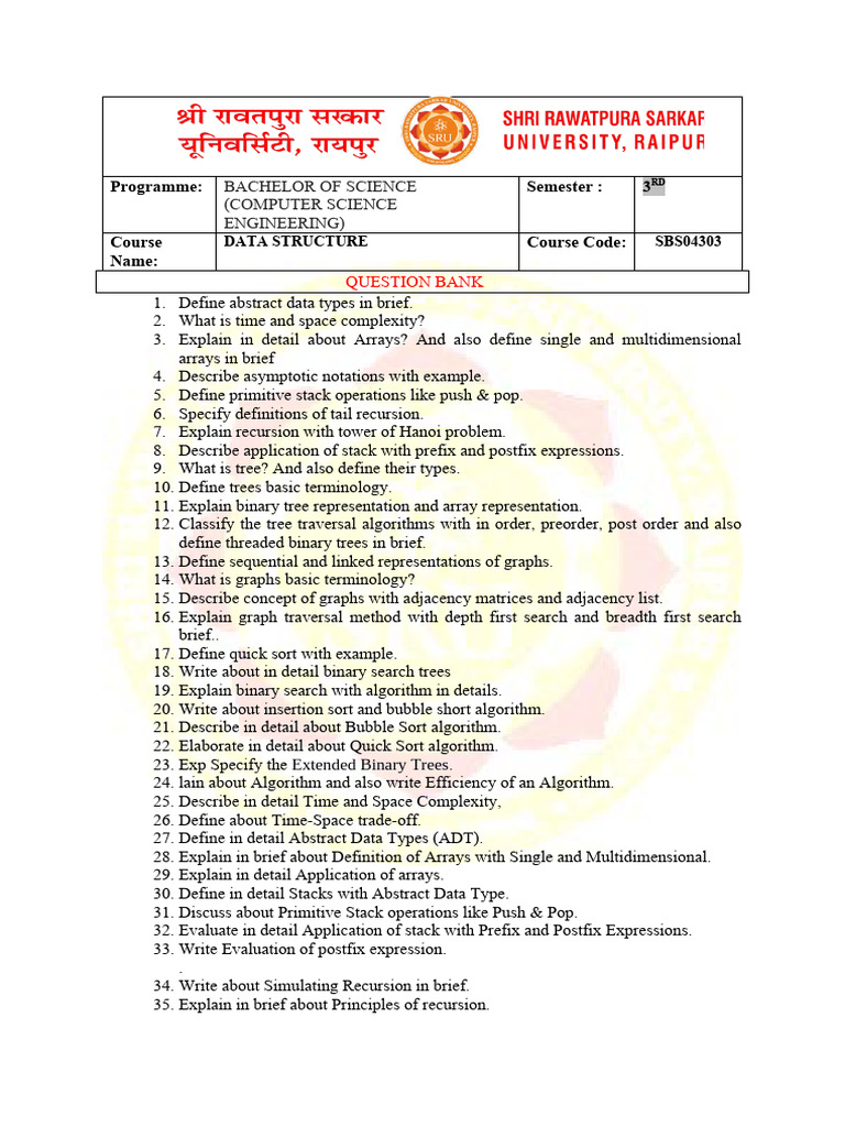 Question Bank For Bca 3RD Data Structure | PDF | Computer Science ... Question Bank For Bca 3RD Data Structure | PDF | Computer Science ...