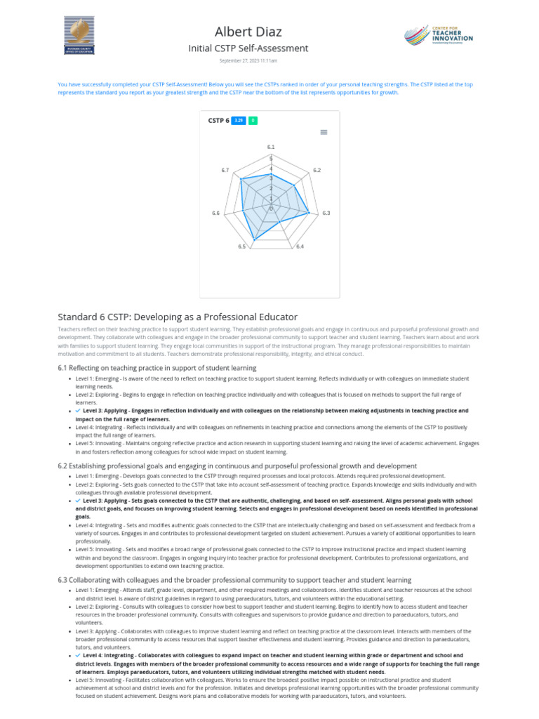 Albert Diaz-Initial CSTP Self-Assessment-1695838294 | PDF | Differentiated Instruction | Learning