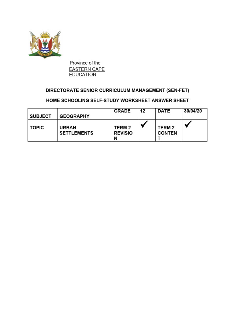 Geography Grade 12 Worksheet | PDF | Urbanization | Economies