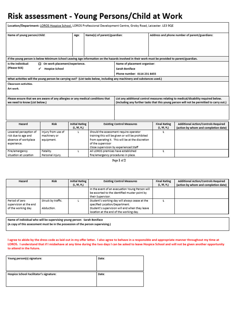 Young Persons Risk Assessment - LOROS Hospice School March 2024 | PDF ...