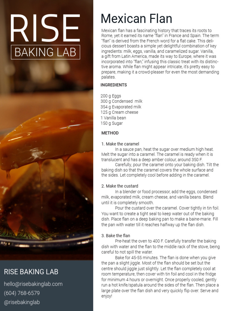 Flan Recipe - Rise Baking Lab | PDF | Baking | Caramel