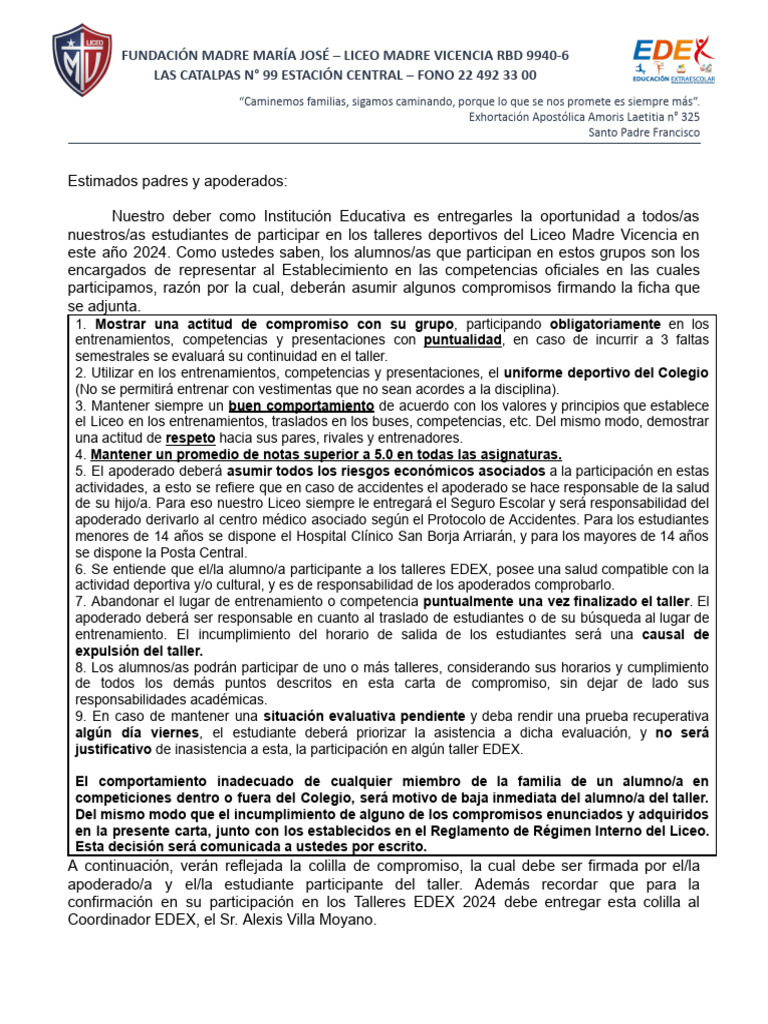 Carta Compromiso Talleres Edex 2024 | PDF