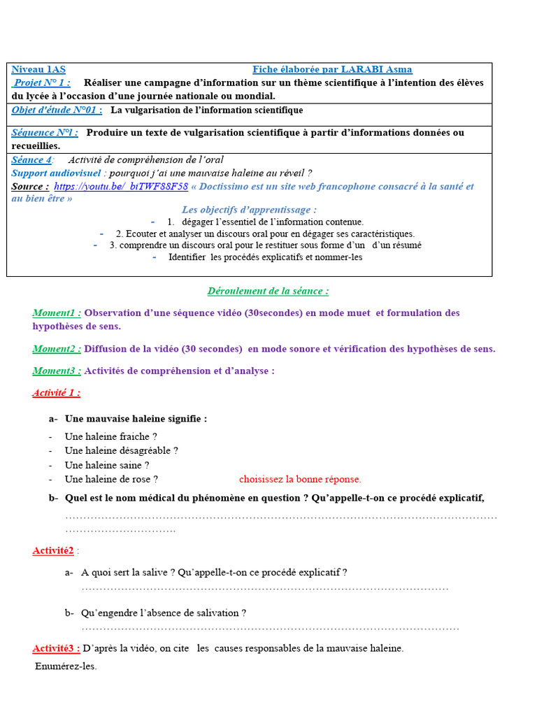 Compréhension orale : Mauvaise haleine | PDF | Évolution de carrière ...