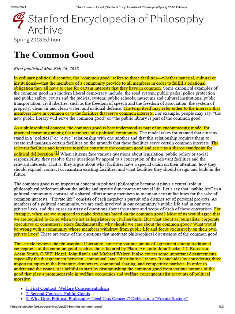 The Common Good (Stanford Encyclopedia of Philosophy - Spring 2018 ...