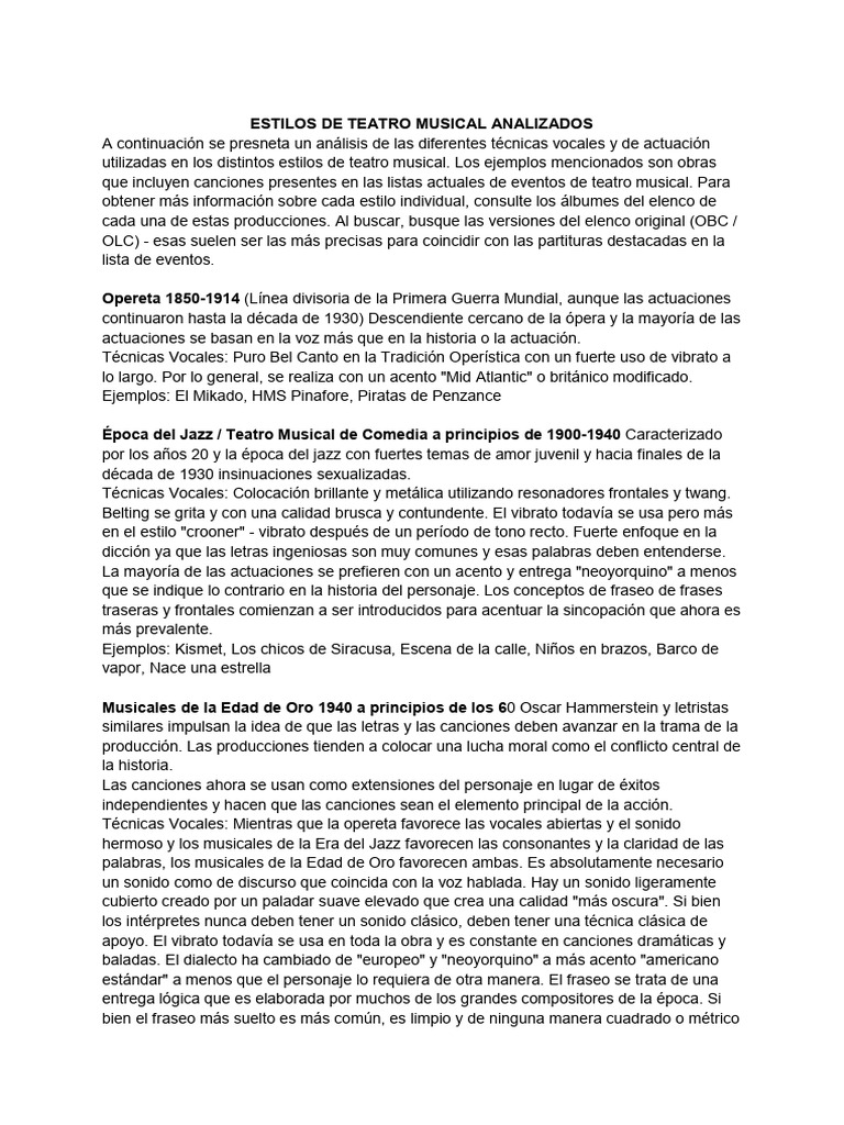 Estilos y Ejemplos de Teatro Musical | PDF | Teatro musical | Canciones